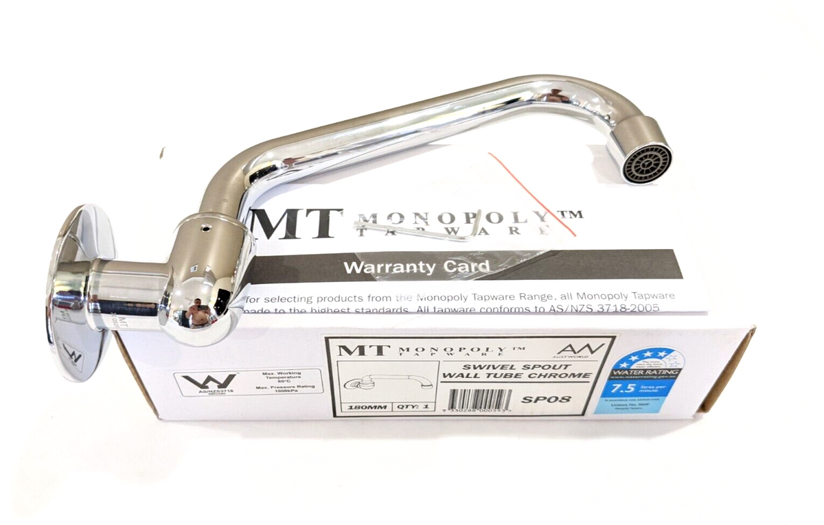AW Monopoly Tapware SP08 WELS WaterMark Chrome Swivel Wall Spout Tube ...