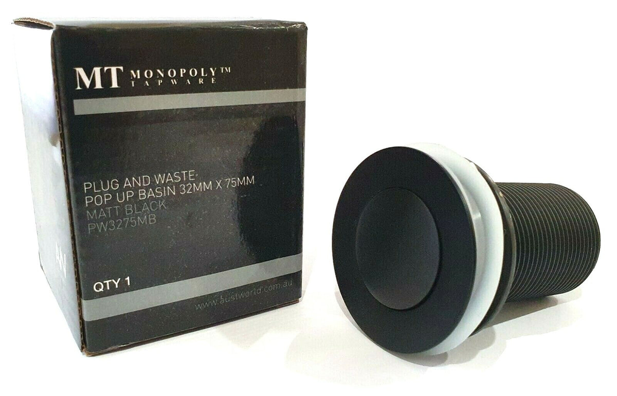 AW PW3275MB 32mm x 75mm Matt Black Bath Vanity Basin Pop Up Plug Waste ...