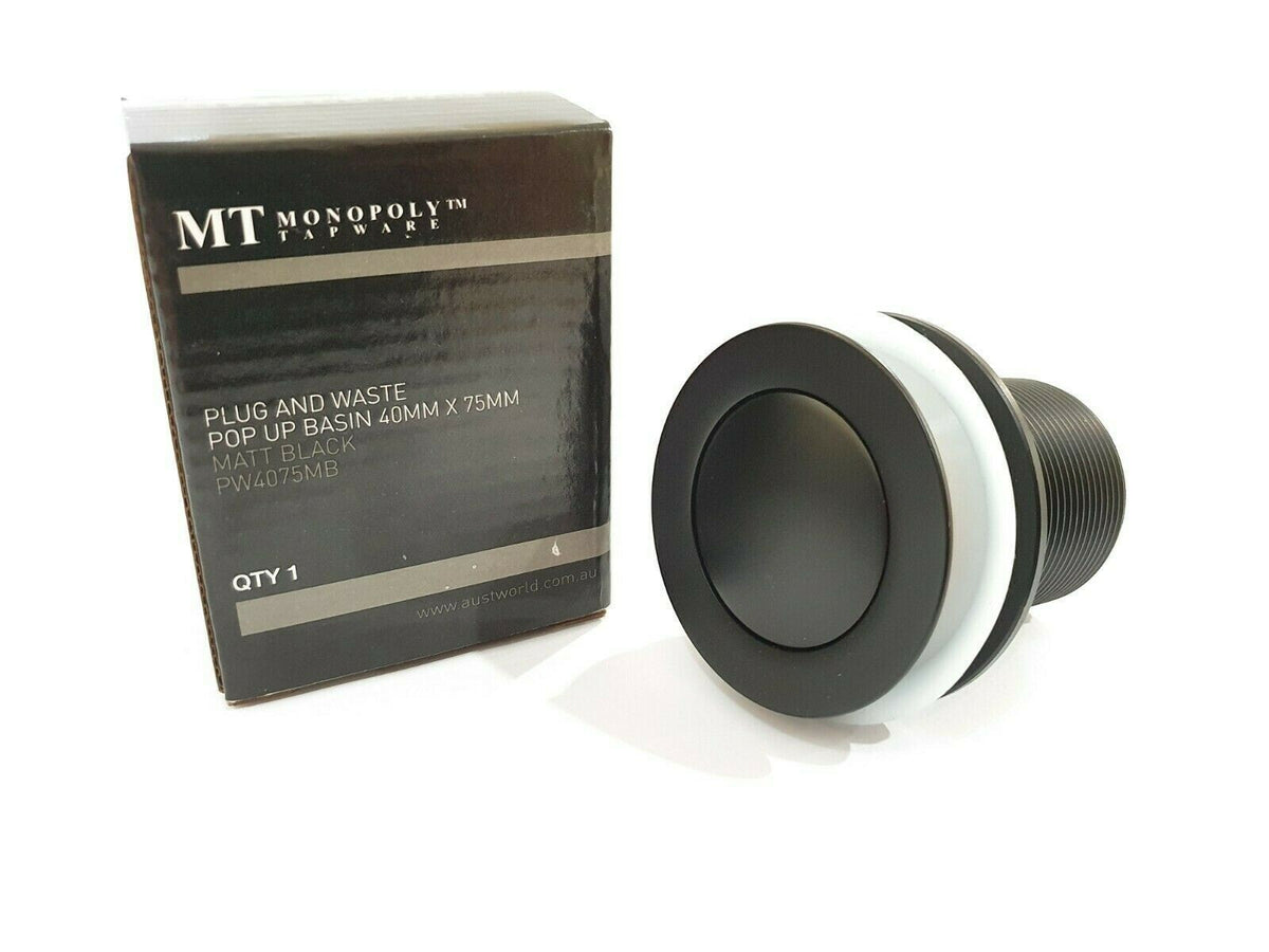 AW PW4075MB 40mm x 75mm Matt Black Bathroom Vanity Basin Pop Up Plug W ...