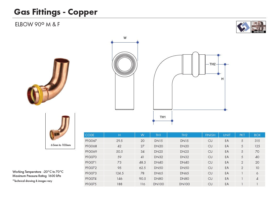 AW Metpress PFG070 Gas Copper Press Fitting 32mm 90° Deg Elbow M & F ...